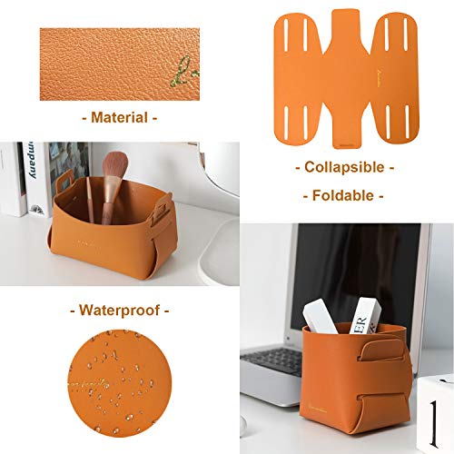 NIKAHOO Small Basket Bin Leather Storage Basket, Foldable Shelf Desk Organizer Trays for Living Room, Office, Nursery, Home Décor