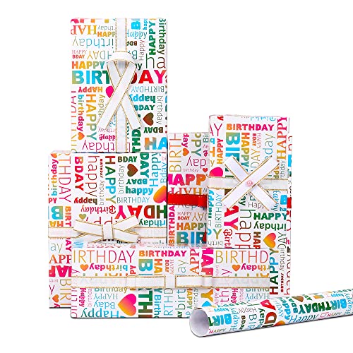 MAMUNU Happy Birthday Wrapping Paper for Kids Girls Boys Women Men, Gradient Light Color Happy Birthday Lettering Wrapping Paper Birthday, Gift Wrap Paper for Birthday Occasions, 6 Sheets, 17x30 Inch