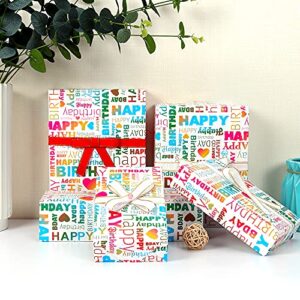 MAMUNU Happy Birthday Wrapping Paper for Kids Girls Boys Women Men, Gradient Light Color Happy Birthday Lettering Wrapping Paper Birthday, Gift Wrap Paper for Birthday Occasions, 6 Sheets, 17x30 Inch