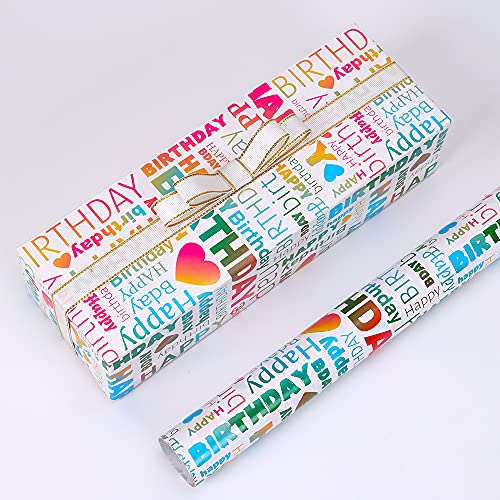 MAMUNU Happy Birthday Wrapping Paper for Kids Girls Boys Women Men, Gradient Light Color Happy Birthday Lettering Wrapping Paper Birthday, Gift Wrap Paper for Birthday Occasions, 6 Sheets, 17x30 Inch