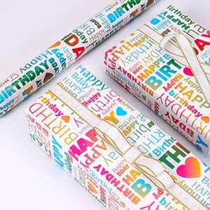 MAMUNU Happy Birthday Wrapping Paper for Kids Girls Boys Women Men, Gradient Light Color Happy Birthday Lettering Wrapping Paper Birthday, Gift Wrap Paper for Birthday Occasions, 6 Sheets, 17x30 Inch