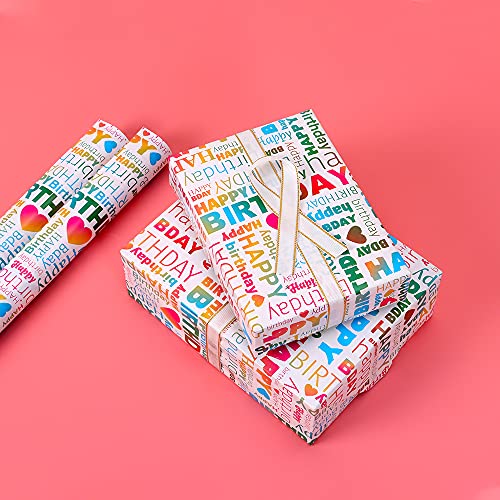 MAMUNU Happy Birthday Wrapping Paper for Kids Girls Boys Women Men, Gradient Light Color Happy Birthday Lettering Wrapping Paper Birthday, Gift Wrap Paper for Birthday Occasions, 6 Sheets, 17x30 Inch