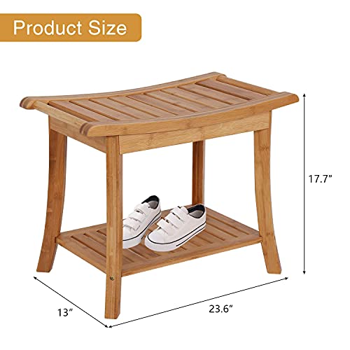 kinbor Bamboo Shower Bench Shower Stool - Shower Benches for Inside Shower with Handles & Storage Shelf 2-Tier for Spa Bathroom