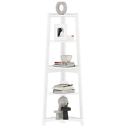 MEETWARM 5 Tier Corner Bookshelf Corner Ladder Shelf Small Bookcase Display Storage Organizer Stand Rack for Living Room Home Office and Kitchen (White)