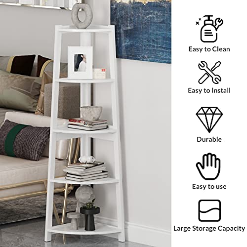 MEETWARM 5 Tier Corner Bookshelf Corner Ladder Shelf Small Bookcase Display Storage Organizer Stand Rack for Living Room Home Office and Kitchen (White)