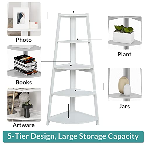 MEETWARM 5 Tier Corner Bookshelf Corner Ladder Shelf Small Bookcase Display Storage Organizer Stand Rack for Living Room Home Office and Kitchen (White)