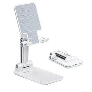 ogmaple cell phone stand, angle height adjustable cell phone holder with silicon pad for desk fully forldable mobile phone holder compatible with all mobile phones, mt-6, (white)