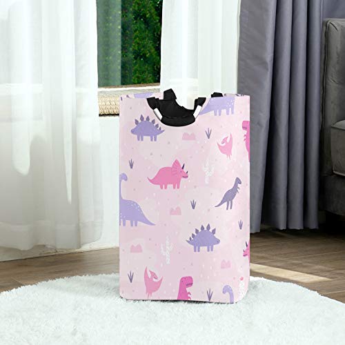 xigua Pink Cartoon Dinosaur Large Laundry Basket, Collapsible Clothes Hamper with Handles Tall Foldable Clothes Bag for Family Bedroom Bathroom Student Dormitory, 12.6 x 11 x 22.7 in