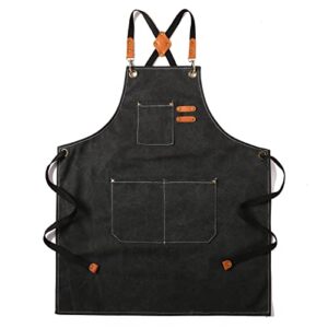 tosewever canvas cross back chef apron for men women with adjustable straps large pockets, waterdrop kitchen heavy duty cotton aprons for tool cooking bbq artist, m to xxl (black)