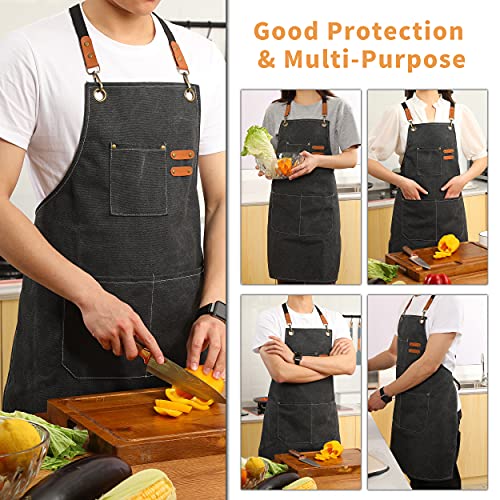 Tosewever Canvas Cross Back Chef Apron for Men Women with Adjustable Straps Large Pockets, Waterdrop Kitchen Heavy Duty Cotton Aprons for Tool Cooking BBQ Artist, M to XXL (Black)