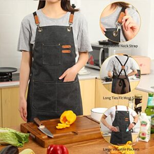 Tosewever Canvas Cross Back Chef Apron for Men Women with Adjustable Straps Large Pockets, Waterdrop Kitchen Heavy Duty Cotton Aprons for Tool Cooking BBQ Artist, M to XXL (Black)