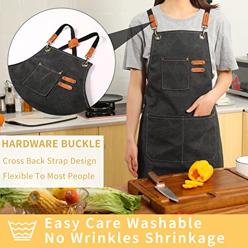 Tosewever Canvas Cross Back Chef Apron for Men Women with Adjustable Straps Large Pockets, Waterdrop Kitchen Heavy Duty Cotton Aprons for Tool Cooking BBQ Artist, M to XXL (Black)