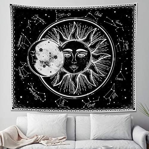 Instruban Sun and Moon Tapestry - Black and White Burning Sun God with 12 Constellations Stars - Psychedelic Wall Hanging for Bedroom & Living Room - 51.2 x 59.1 Inches