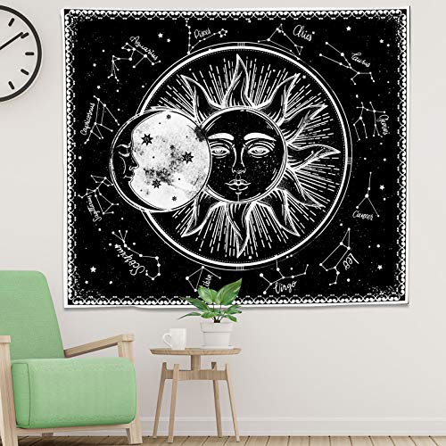 Instruban Sun and Moon Tapestry - Black and White Burning Sun God with 12 Constellations Stars - Psychedelic Wall Hanging for Bedroom & Living Room - 51.2 x 59.1 Inches