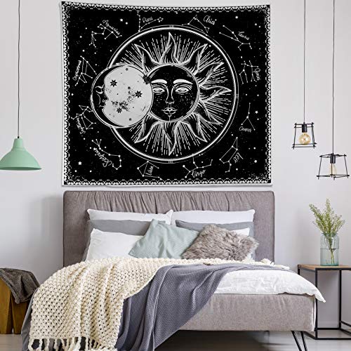 Instruban Sun and Moon Tapestry - Black and White Burning Sun God with 12 Constellations Stars - Psychedelic Wall Hanging for Bedroom & Living Room - 51.2 x 59.1 Inches