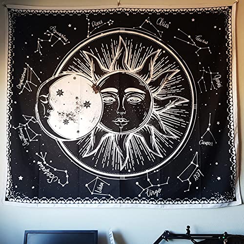 Instruban Sun and Moon Tapestry - Black and White Burning Sun God with 12 Constellations Stars - Psychedelic Wall Hanging for Bedroom & Living Room - 51.2 x 59.1 Inches