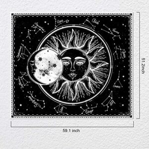 Instruban Sun and Moon Tapestry - Black and White Burning Sun God with 12 Constellations Stars - Psychedelic Wall Hanging for Bedroom & Living Room - 51.2 x 59.1 Inches