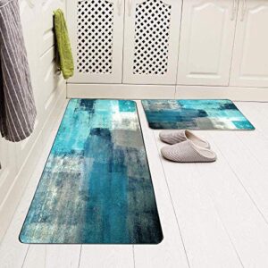 TOMWISH Rugs for Kitchen Floor, Abstract Area Rug Turquoise and Grey Abstract Art Painting 17"X48"+17"X24" Non-Slip Kitchen Rug Set for Kitchen Dining Room,Floor Home,Office,Sink,Laundry