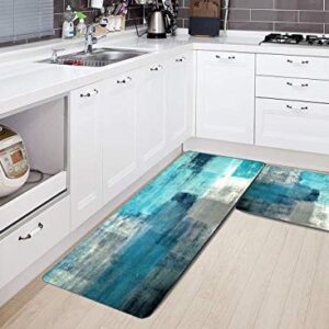 TOMWISH Rugs for Kitchen Floor, Abstract Area Rug Turquoise and Grey Abstract Art Painting 17"X48"+17"X24" Non-Slip Kitchen Rug Set for Kitchen Dining Room,Floor Home,Office,Sink,Laundry