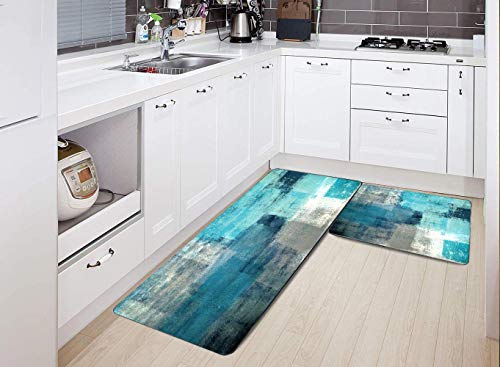 TOMWISH Rugs for Kitchen Floor, Abstract Area Rug Turquoise and Grey Abstract Art Painting 17"X48"+17"X24" Non-Slip Kitchen Rug Set for Kitchen Dining Room,Floor Home,Office,Sink,Laundry