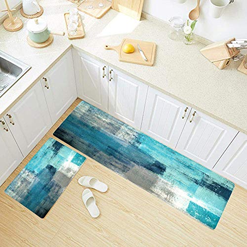 TOMWISH Rugs for Kitchen Floor, Abstract Area Rug Turquoise and Grey Abstract Art Painting 17"X48"+17"X24" Non-Slip Kitchen Rug Set for Kitchen Dining Room,Floor Home,Office,Sink,Laundry