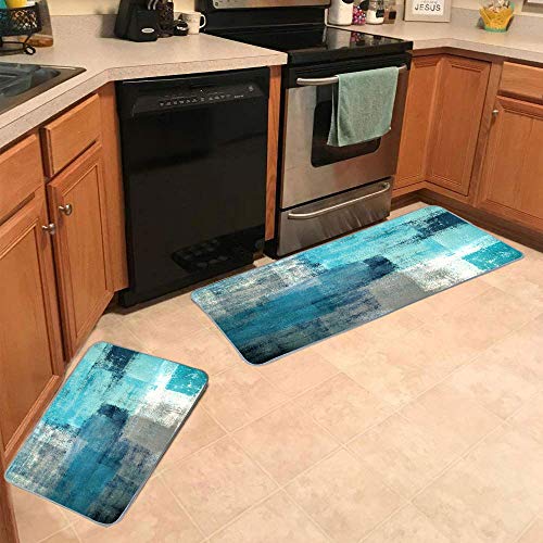 TOMWISH Rugs for Kitchen Floor, Abstract Area Rug Turquoise and Grey Abstract Art Painting 17"X48"+17"X24" Non-Slip Kitchen Rug Set for Kitchen Dining Room,Floor Home,Office,Sink,Laundry