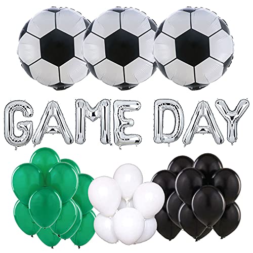 Hall & Perry Game Day Soccer Balloon Kit with Mylar Letters and Soccer Balls and Latex White Green and Black Balloons