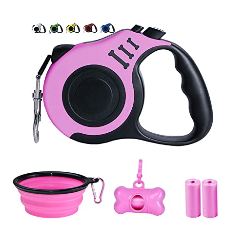 Dunhuang Retractable Dog Leash for X-Small/Small/Medium, 10ft (for Dogs Up to 22lbs), with 1 Free Portable Silicone Dog Bowl + 1 Waste Bag Dispenser + 3 Waste Bag (Pink)