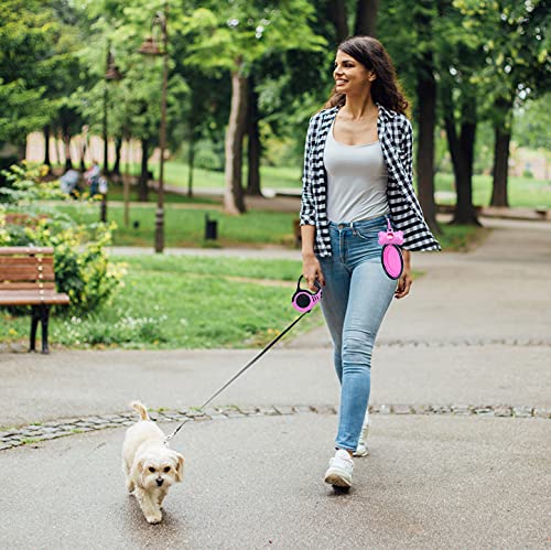 Dunhuang Retractable Dog Leash for X-Small/Small/Medium, 10ft (for Dogs Up to 22lbs), with 1 Free Portable Silicone Dog Bowl + 1 Waste Bag Dispenser + 3 Waste Bag (Pink)