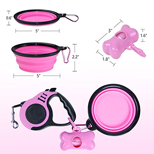 Dunhuang Retractable Dog Leash for X-Small/Small/Medium, 10ft (for Dogs Up to 22lbs), with 1 Free Portable Silicone Dog Bowl + 1 Waste Bag Dispenser + 3 Waste Bag (Pink)