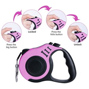 Dunhuang Retractable Dog Leash for X-Small/Small/Medium, 10ft (for Dogs Up to 22lbs), with 1 Free Portable Silicone Dog Bowl + 1 Waste Bag Dispenser + 3 Waste Bag (Pink)