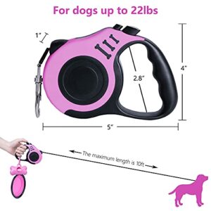 Dunhuang Retractable Dog Leash for X-Small/Small/Medium, 10ft (for Dogs Up to 22lbs), with 1 Free Portable Silicone Dog Bowl + 1 Waste Bag Dispenser + 3 Waste Bag (Pink)