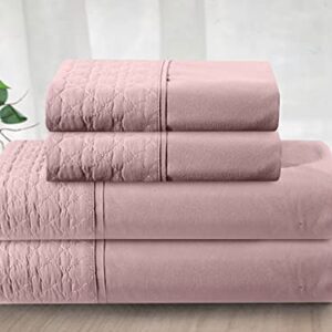 Elegant Comfort Luxury Soft Coziest 4-Piece Bed Sheet Set 1500 Thread Count Egyptian Quality Wrinkle Resistant Beautiful Quilted Design on Flat Sheet and Pillowcases, Queen, Dusty Rose