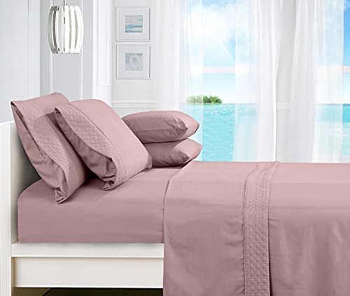 Elegant Comfort Luxury Soft Coziest 4-Piece Bed Sheet Set 1500 Thread Count Egyptian Quality Wrinkle Resistant Beautiful Quilted Design on Flat Sheet and Pillowcases, Queen, Dusty Rose