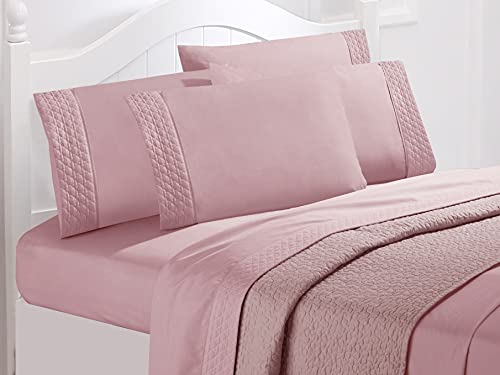 Elegant Comfort Luxury Soft Coziest 4-Piece Bed Sheet Set 1500 Thread Count Egyptian Quality Wrinkle Resistant Beautiful Quilted Design on Flat Sheet and Pillowcases, Queen, Dusty Rose