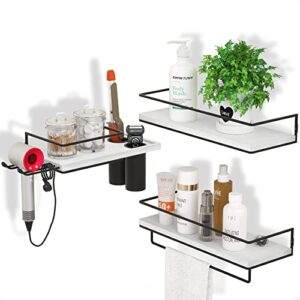 zgo floating shelves for wall set of 3, wall mounted storage shelves with metal frame, toothbrush holder, hair dryer holder and towel rack for bathroom, kitchen, bedroom(white)