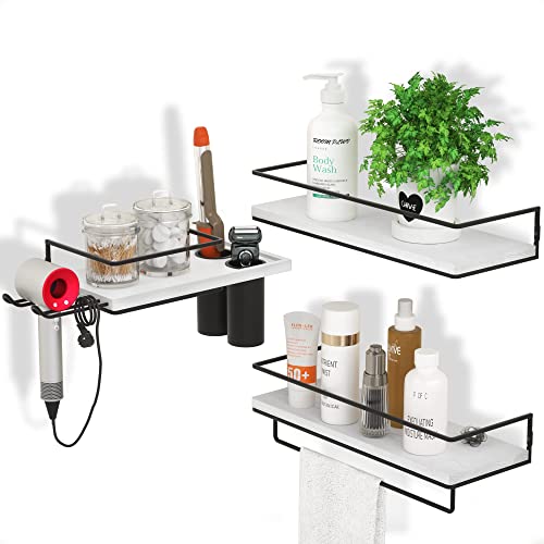 ZGO Floating Shelves for Wall Set of 3, Wall Mounted Storage Shelves with Metal Frame, Toothbrush Holder, Hair Dryer Holder and Towel Rack for Bathroom, Kitchen, Bedroom(White)