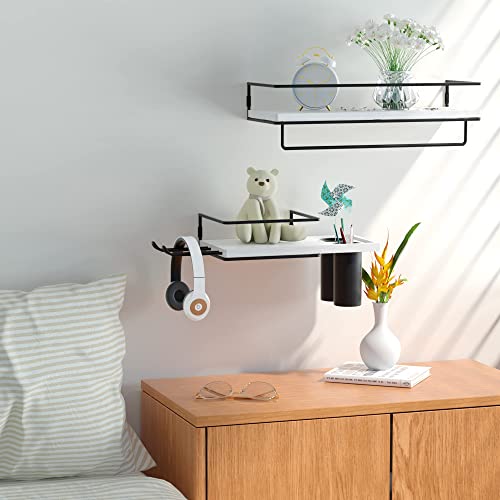 ZGO Floating Shelves for Wall Set of 3, Wall Mounted Storage Shelves with Metal Frame, Toothbrush Holder, Hair Dryer Holder and Towel Rack for Bathroom, Kitchen, Bedroom(White)