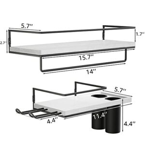 ZGO Floating Shelves for Wall Set of 3, Wall Mounted Storage Shelves with Metal Frame, Toothbrush Holder, Hair Dryer Holder and Towel Rack for Bathroom, Kitchen, Bedroom(White)