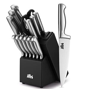 mchome mhk21 knife sets,15 pieces german stainless steel kitchen knives block set with built-in sharpener