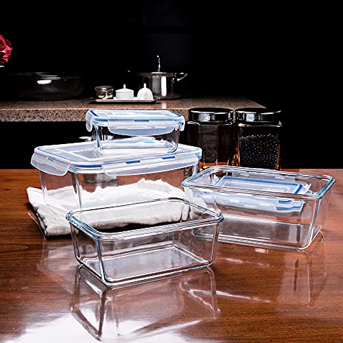 HUSANMP Extra Large Glass Food Storage Containers with Lids, Set-8-Piece Lunch Containers, Ideal for Storing Food, Vegetables, Fruits, Baking Cake & lot of other Tasty Food (Rectangular)