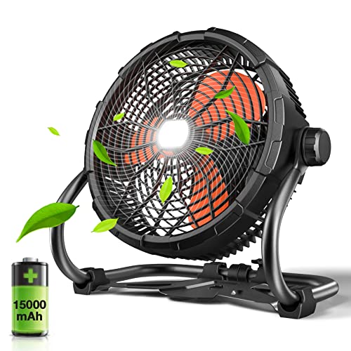 Rovtop 12" High Velocity Floor Fan, Rechargeable Outdoor Indoor Fan, 15000 mAH Cordless Portable Battery Operated Fan Run for 4.5-18 Hours, 360° Adjustable Tilt Industrial Camping Fan with Led Light