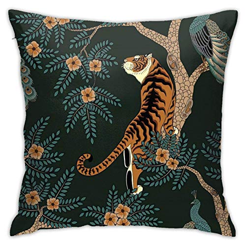 antvinoler Pillow Cover,Tiger and Peacock (1) Throw Pillow Case Modern Cushion Cover Square Pillowcase Decoration for Sofa Bed Chair Car 18 X 18 Inch