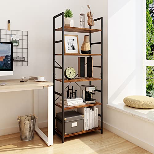 BENOSS 5 Tier Bookshelf Rustic Wood & Metal Frame Bookcase Shelf Industrial Storage Organizer Modern Display Shelf Rack Open Back Standing Shelving Unit for Bedroom Living Room Home Office