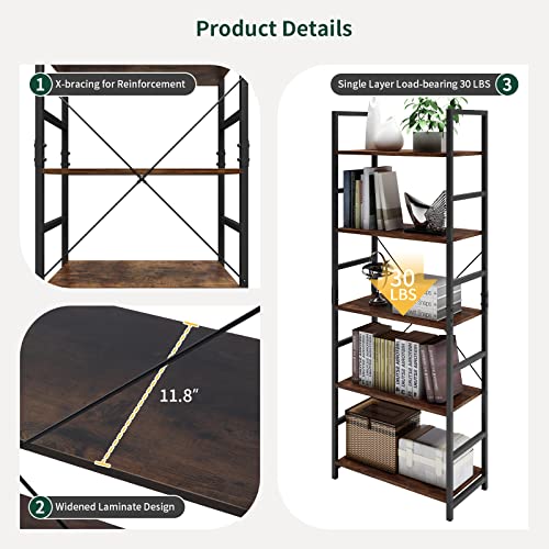 BENOSS 5 Tier Bookshelf Rustic Wood & Metal Frame Bookcase Shelf Industrial Storage Organizer Modern Display Shelf Rack Open Back Standing Shelving Unit for Bedroom Living Room Home Office