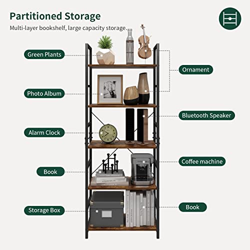 BENOSS 5 Tier Bookshelf Rustic Wood & Metal Frame Bookcase Shelf Industrial Storage Organizer Modern Display Shelf Rack Open Back Standing Shelving Unit for Bedroom Living Room Home Office