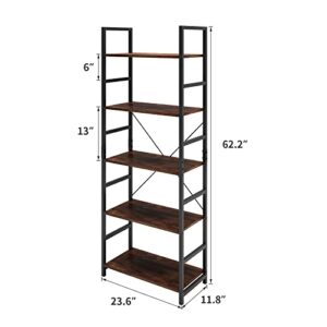 BENOSS 5 Tier Bookshelf Rustic Wood & Metal Frame Bookcase Shelf Industrial Storage Organizer Modern Display Shelf Rack Open Back Standing Shelving Unit for Bedroom Living Room Home Office