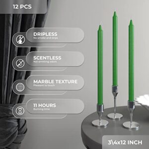 CANDWAX Green Taper Candles Pack of 12 - Straight Candles 12 inch Ideal as Unscented Candles, Dinner Candles and Table Candles - Slow Burning Candles Dripless - Smokeless Long Candlesticks