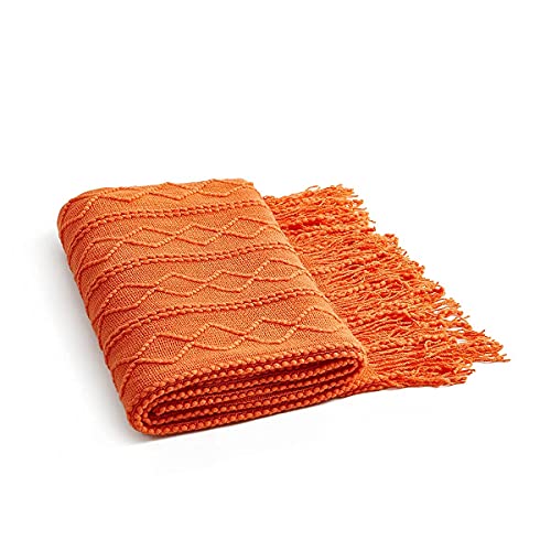 Dream Sunset Knit Throw Blanket 50 x 60 Inch, for Couch, Sofa, Bed and Decoration. Super Soft, Comfy and Lightweight for New Spring. Original Pattern with Tassel Fringes. Sunrise Orange