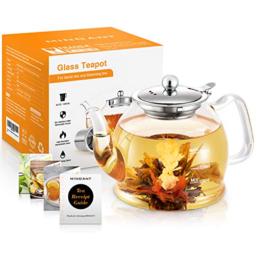 Glass Teapot, 33 oz / 1000ml Glass Teapot with Removable Infuser, Clear Teapot for Blooming Tea, Loose Tea, Flowering Tea Pot, Scale line Borosilicate Glass Teapot Stovetop Safe Tea Brewer Guide